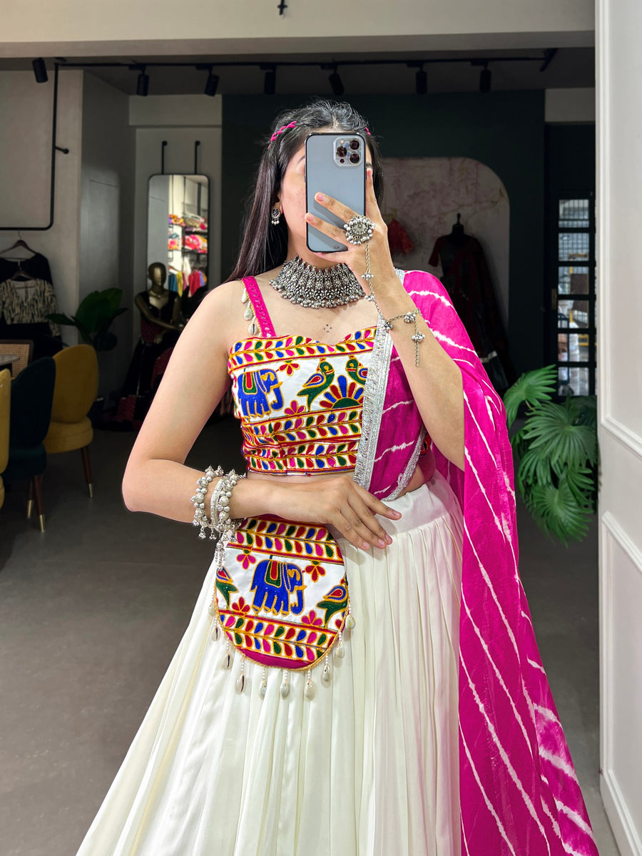 Navratri Special White & Pink Color Fully Flaired Pure Rayon Base Gamt ...
